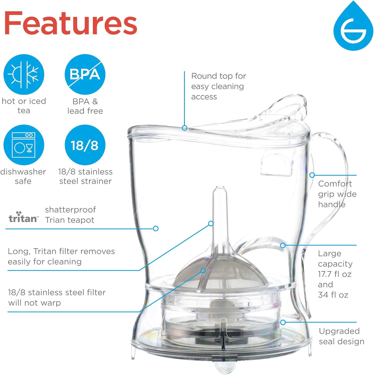ABERDEEN Easy Pour Tea Steeper & Tea Maker, 1000mL, Capacity