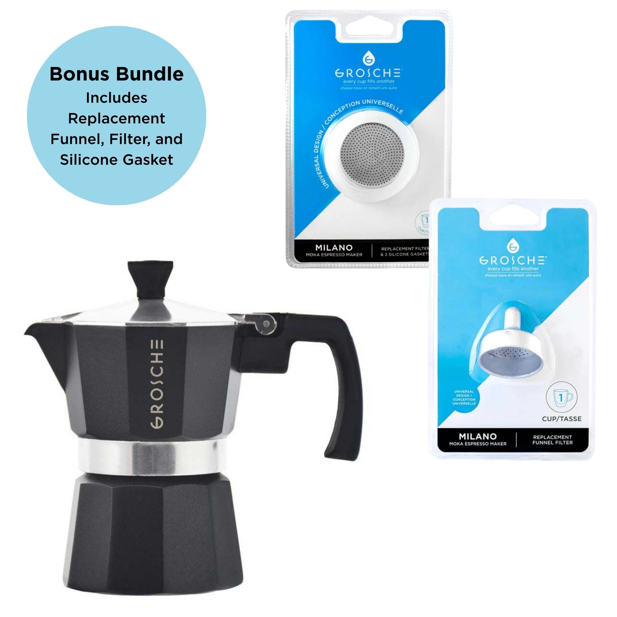 MILANO Moka Pot, Funnel, Gasket, Filter - 1 Cup Bundle | GROSCHE