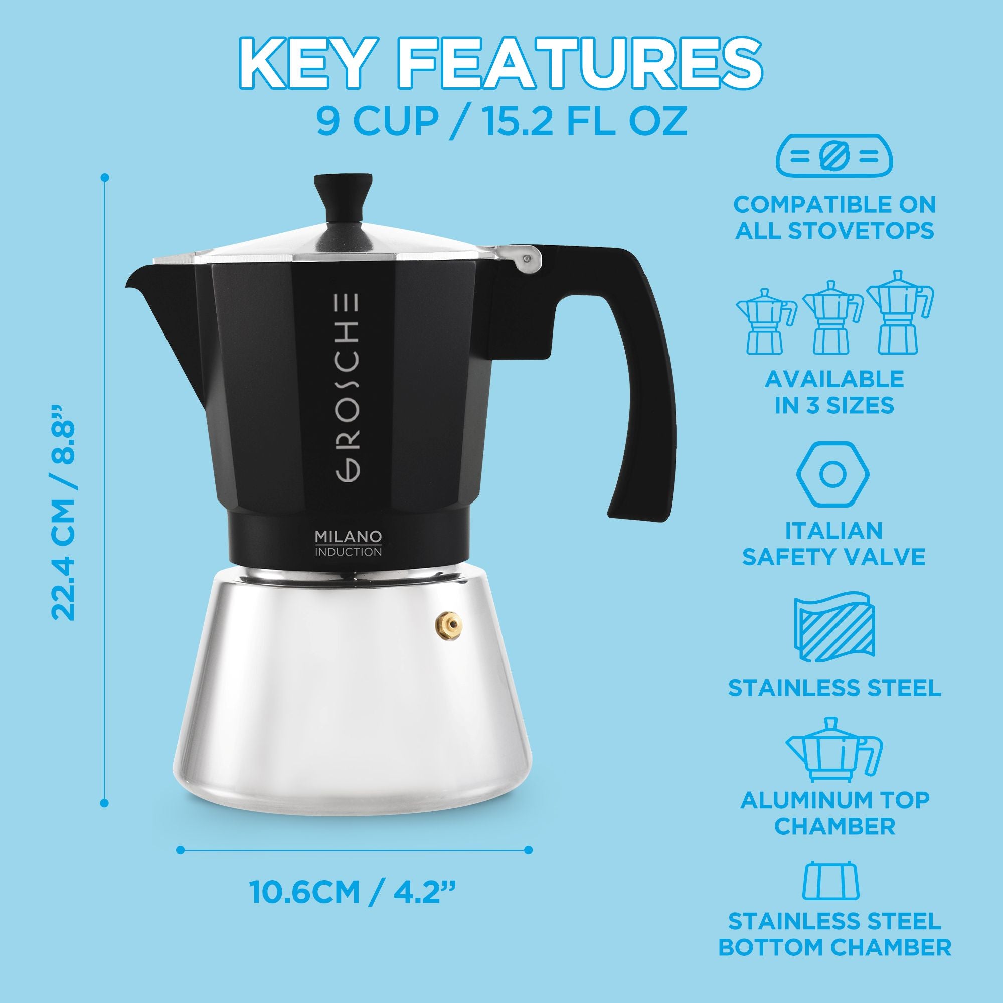 MILANO INDUCTION Stainless Steel Moka Pot 9 Espresso Cup GROSCHE MILANO INDUCTION Stainless Steel Moka Pot 9 Espresso Cup GROSCHE